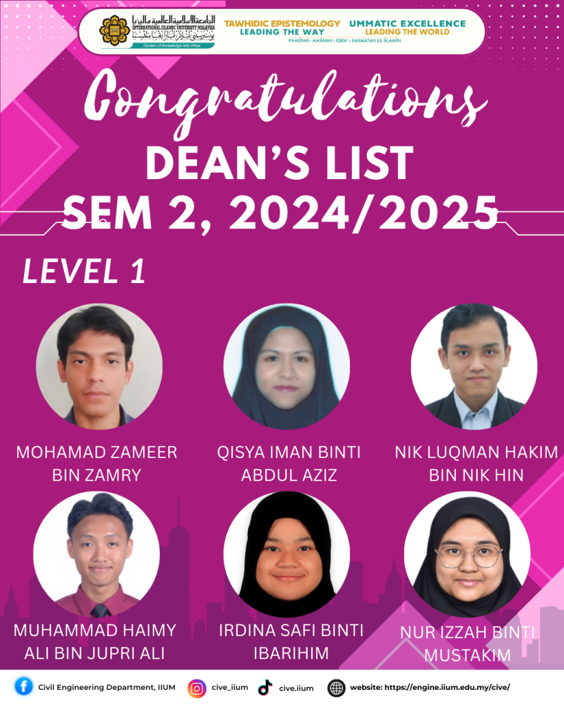 Congratulations! Dean’s List Recipients, Semester 2, 2024/2025 – Department of Civil Engineering