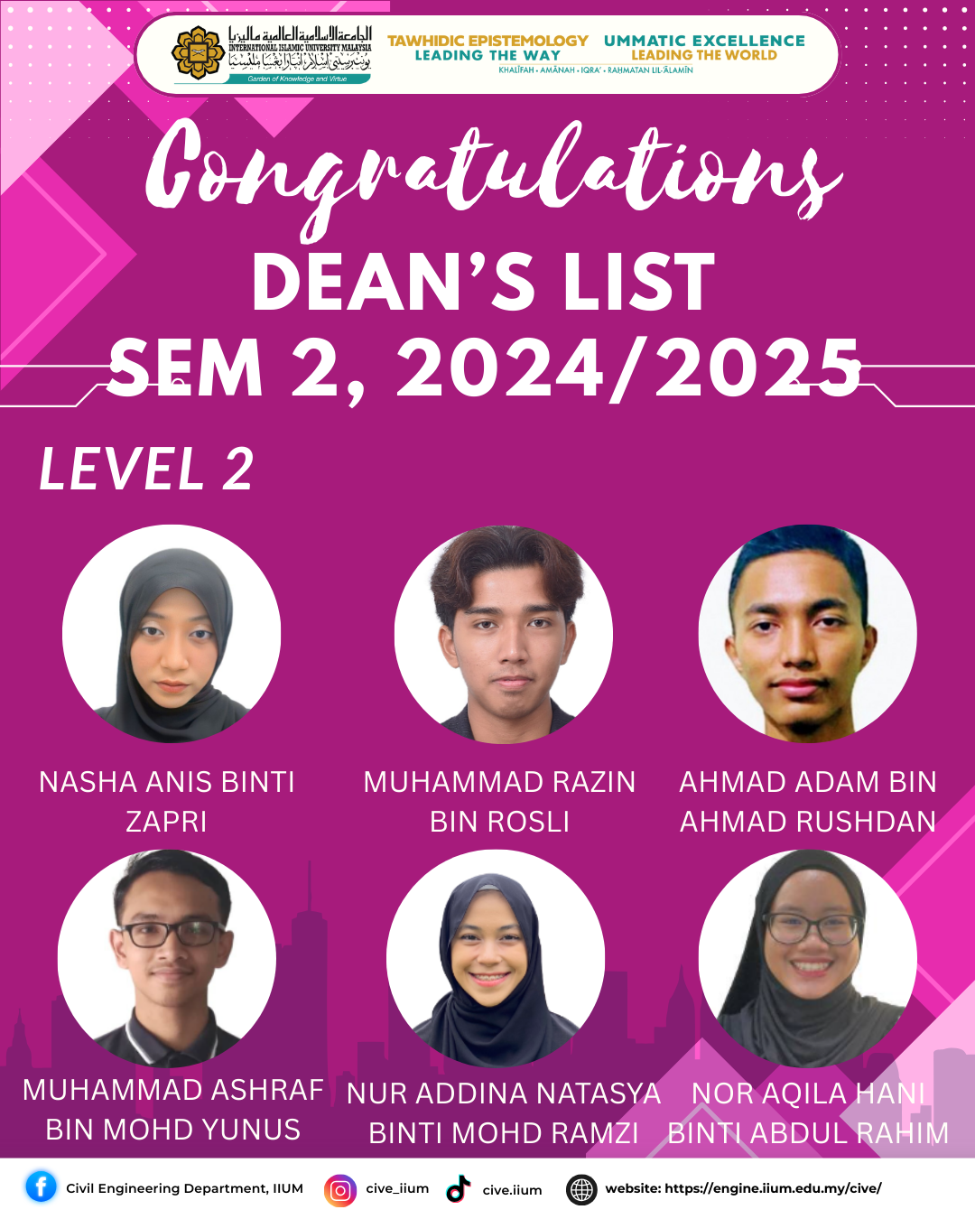 Congratulations! Dean’s List Recipients, Semester 2, 2024/2025 – Department of Civil Engineering